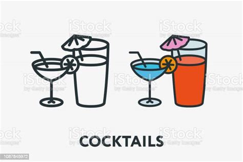 찬 열 대 칵테일 음료 유리 우산 레몬 짚 최소한의 플랫 라인 개요 다채로운 슬라이스와 스트로크 아이콘 그림 칵테일에 대한 스톡 벡터 아트 및 기타 이미지 Istock