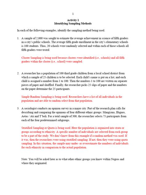 Activity 1 Comparing Sampling Techniques Pdf Sampling Statistics Statistics