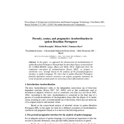 Prosody Syntax And Pragmatics Insubordination In Spoken Brazilian
