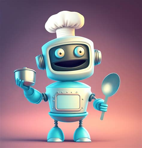 Premium Photo Crazy Robot Chef Presenting Food Holding A Pot And Big Spoon Ov