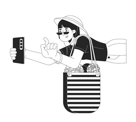 Asian Woman With Yarn Bag Taking Black And White 2d Line Cartoon