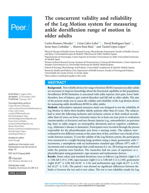 Pdf The Concurrent Validity And Reliability Of The Leg Motion System