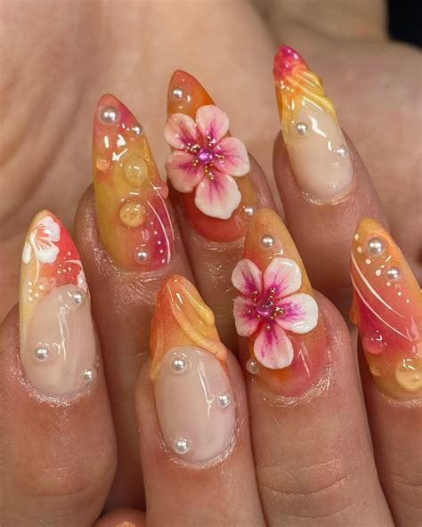 Summer Floral Press On Nails 3d Flower And Pearl Nail Art Ombre Pink