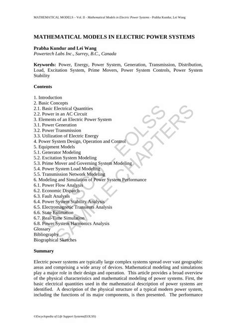 pdf mathematical models in electric power systems · modeling and