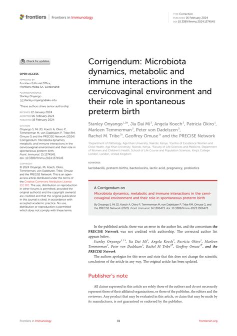 Pdf Corrigendum Microbiota Dynamics Metabolic And Immune Interactions In The Cervicovaginal