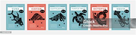 참치 캐비아 오징어 거북이 고기 문어 오징어 추상적인 그리기 디자인의 물고기와 해산물 포스터 세트 라벨 또는 포스터 가격표