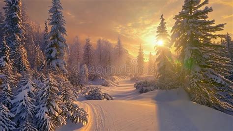 Majestic Winter Sunrise Over Snowy Forest Landscape Stock Footage