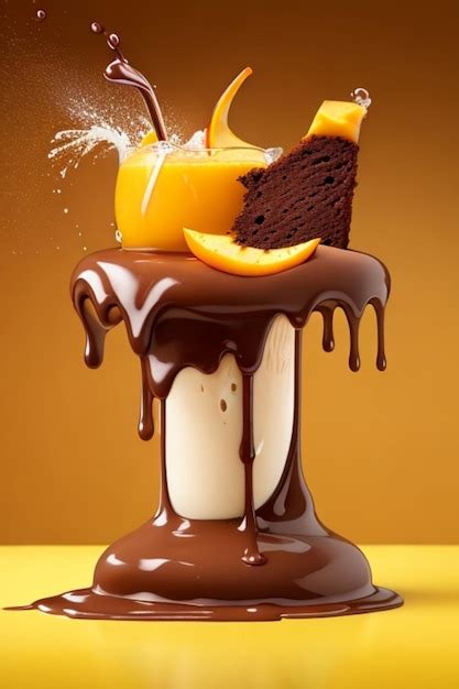 Premium Ai Image Divine Desserts Chocolate Cake With Milk And Mango Juice Splashes