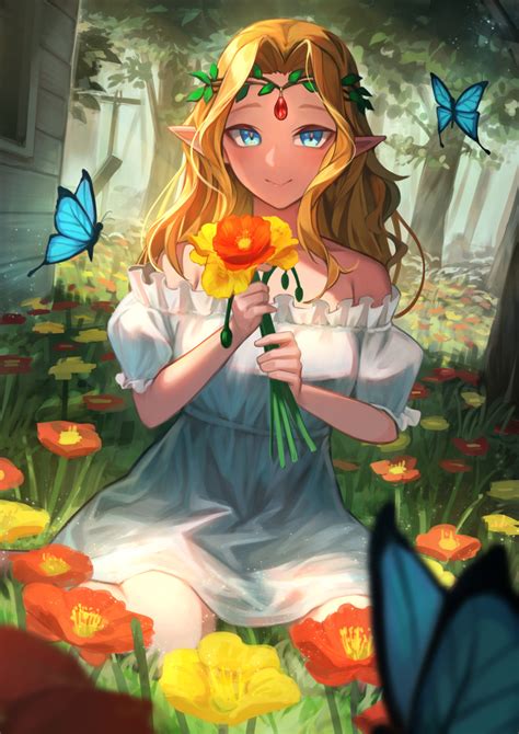 Safebooru 1girl Absurdres Bare Shoulders Blonde Hair Blue Eyes Blush Breasts Bug Butterfly