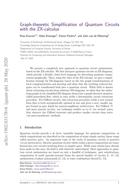 Pdf Graph Theoretic Simplification Of Quantum Circuits With The Zx