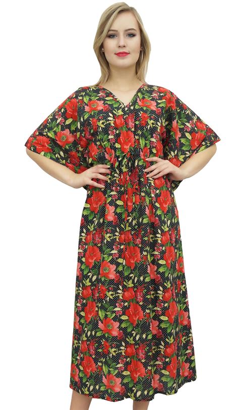 Bimba Womens Black Long Kaftan Cotton Coverup Floral Drawstring Waist