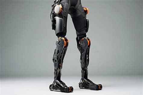Legs Of Man In The Robotic Exoskeleton Walking Through The Corridor Of