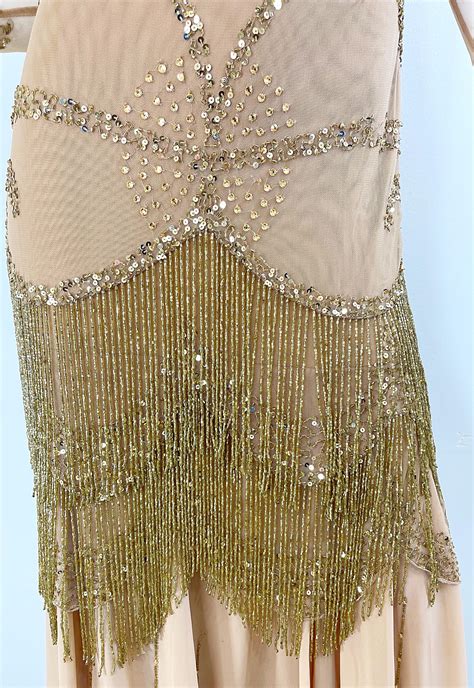 Roberto Cavalli Class 2000s Nude Gold Size 2 4 Deco Beaded Fringe Mesh Dress For Sale At 1stdibs