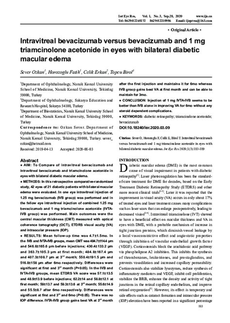 Pdf Intravitreal Bevacizumab Versus Bevacizumab And 1 Mg Triamcinolone Acetonide In Eyes With