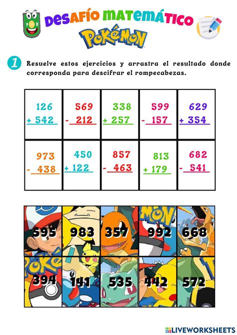 Desafío matemático Pokémon worksheet Math addition worksheets Math addition Math