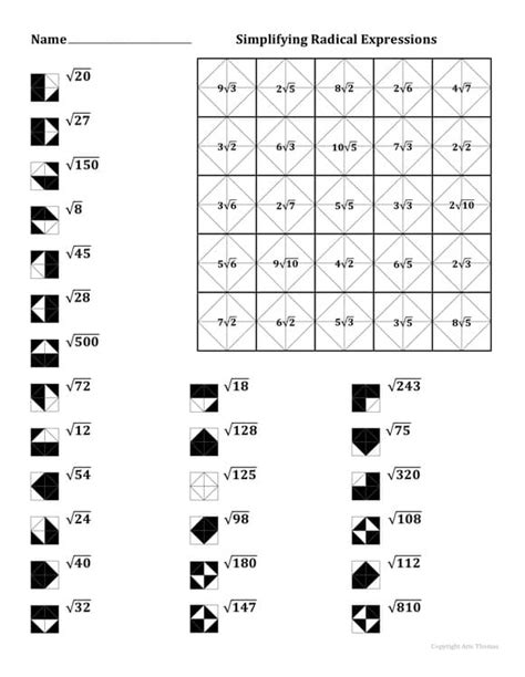 Simplifying Radical Expressions Color Worksheet By Aric Thomas Tpt