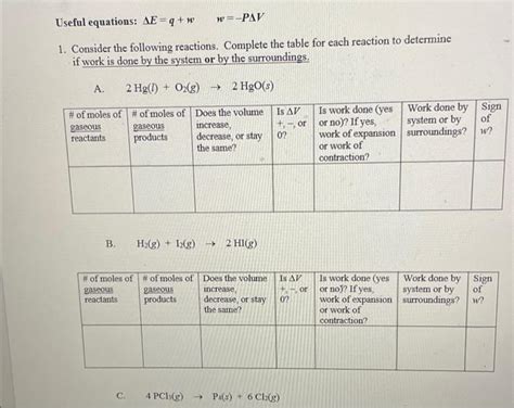 Solved Useful Equations Δe Q Ww −pΔv 1 Consider The