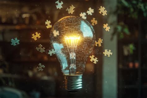 This Concept Features A Glowing Light Bulb Surrounded By Floating Digital Puzzle Pieces