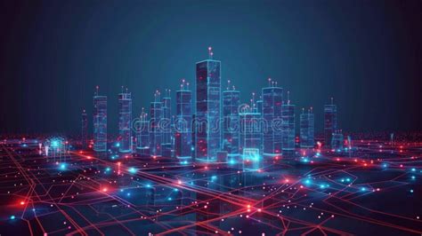 Futuristic Digital City Skyline Illuminated By Neon Lights At Night With Interconnected Pathways