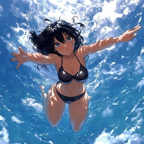 Anime Girl In Bikini Reaching Out Of Water Premium Ai Generated Image