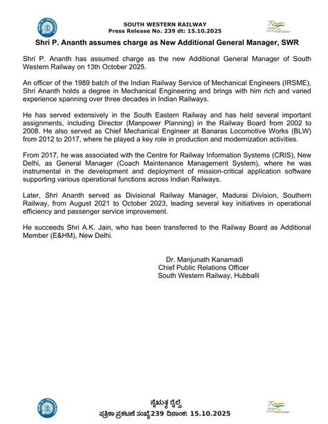 Shri P Ananth Assumes South Western Railways Swr Facebook