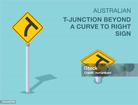 교통 규제 규칙 고립된 호주 오른쪽으로 커브 너머의 T교차로 도로 표지판 전면 및 상단 뷰 벡터 일러스트 레이 션 템플릿 거리에 대한 스톡 벡터 아트 및 기타 이미지