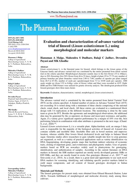 Pdf Evaluation And Characterization Of Advance Varietal Trial Of Linseed Linum Usitatissimum
