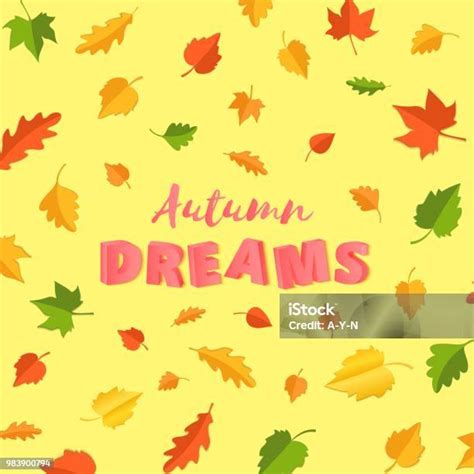 녹색 노란색 빨간색 단어가을 꿈 작곡 스타일을 잘라 종이에 노란색 바탕에 나뭇잎 가 잎 디자인 포스터 배너 전단지에 대 한 3 차원 현실 편지 T셔츠 인쇄 벡터입니다 0명에
