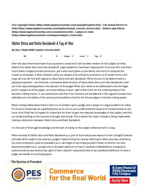 Obiter Dicta And Ratio Decidendi A Tug Of War Pdf Precedent
