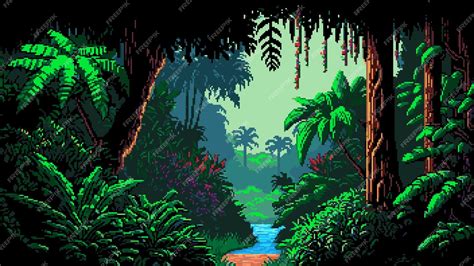 Jungle Forest Landscape Or Ai Generated 8bit Pixel Game Scene Vector