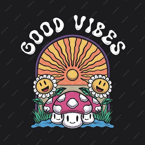 Premium Psd Good Vibes Illustration Mushroom And Sunflower