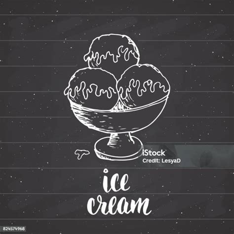 레터링 스케치 빈티지 라벨 아이스크림 손으로 그려진된 그런 지 질감 배지 복고풍 로고 템플릿 칠판 배경 인쇄 술 디자인 벡터 일러스트 레이 션 0명에 대한 스톡 벡터 아트
