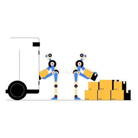 robots loading boxes into a delivery truck flat vector illustration