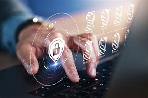 cyber security hand and document encryption on laptop with hologram
