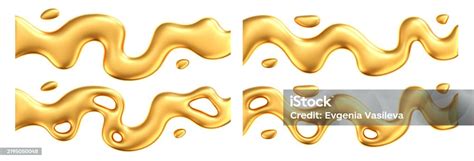 흰색 배경에 고립 된 방울과 함께 파도의 3d 골드 액체 세트 포스터 표지를 위해 움직이는 반사 그라디언트 효과가 있는 유동적인 황금 리본의 렌더링 3d 벡터 기하학적 배경