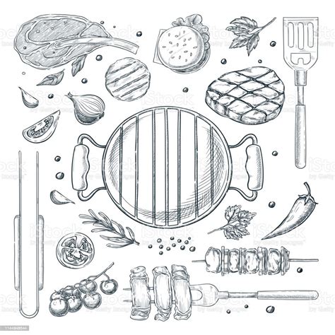 바베 큐 그릴 벡터 스케치 그림입니다 상위 뷰 개체 설정 흰색 배경에 고립 피크닉 메뉴 디자인 요소입니다 바베큐그릴에 대한 스톡 벡터 아트 및 기타 이미지 Istock