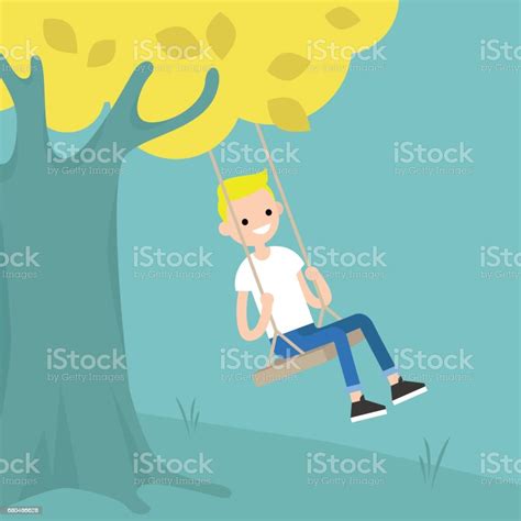 스윙 편집 가능한 평면 벡터 일러스트 레이 션에 앉아 젊은 금발 소년 그네타기에 대한 스톡 벡터 아트 및 기타 이미지 그네타기 남자 개념 Istock