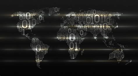 binary code world map with continents on dark cellular background