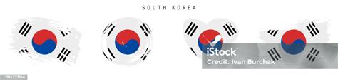 대한민국 손으로 그린 그런 지 스타일 플래그 아이콘 세트입니다 무료 브러시 스트로크 플랫 벡터 일러스트 레이 션 흰색 절연