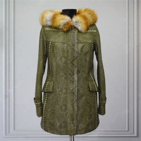 Womens Green Python Coat With Fur Hood Leather Guys