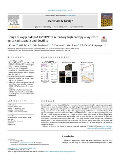 Pdf Design Of Oxygen Doped Tizrhfnbta Refractory High Entropy Alloys With Enhanced Strength