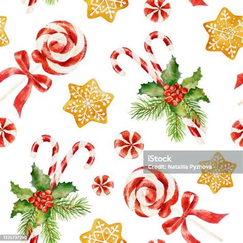 흰색 배경에 고립 된 수채화 크리스마스 사탕 홀리와 진저 브레드 쿠키와 원활한 패턴 손으로 그린 수채화 일러스트 사탕에 대한