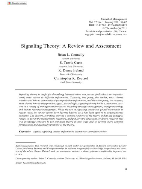 Signaling Theory Review And Future Directions Pdf Strategic