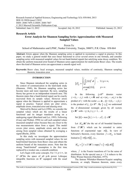 Pdf Error Analysis For Shannon Sampling Series Approximation With Measured Sampled Values