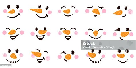눈사람 만화 얼굴 재미있는 눈사람은 다양한 감정 크리스마스 휴일 눈사람 이모티콘 벡터 일러스트 세트와 얼굴 귀여운 눈사람 얼굴
