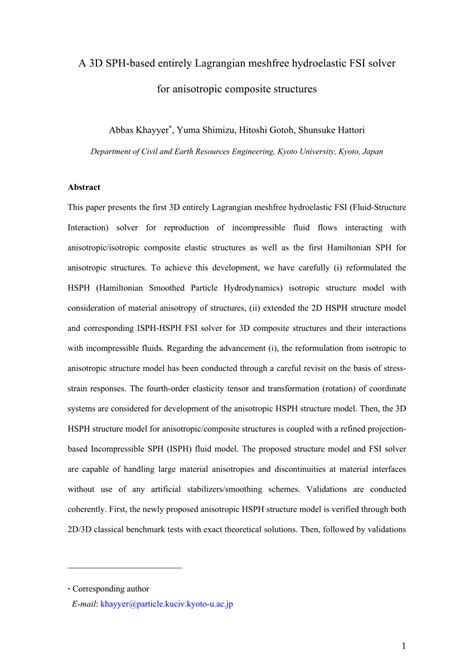 Pdf A 3d Sph Based Entirely Lagrangian Meshfree Hydroelastic Fsi