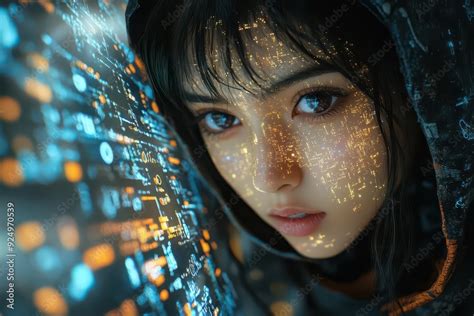 Anime Schoolgirl Hacker In Digital Dojo Manipulating Holographic Code Surrounded By Floating Anime Schoolgirl Hacker In Digital Dojo Manipulating Holographic Code Surrounded By Floating