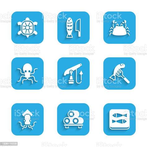 낚시 작살 초밥 도마 통조림 생선 접시 문어 게 거북이 아이콘을 설정합니다 벡터 갈고리 발톱에 대한 스톡 벡터 아트 및 기타