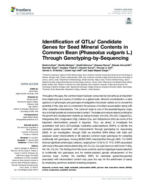 Pdf Identification Of Qtls Candidate Genes For Seed Mineral Contents In Common Bean