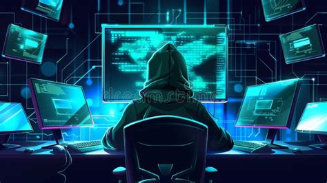 hacker in a dark room with multiple monitors and digital data high